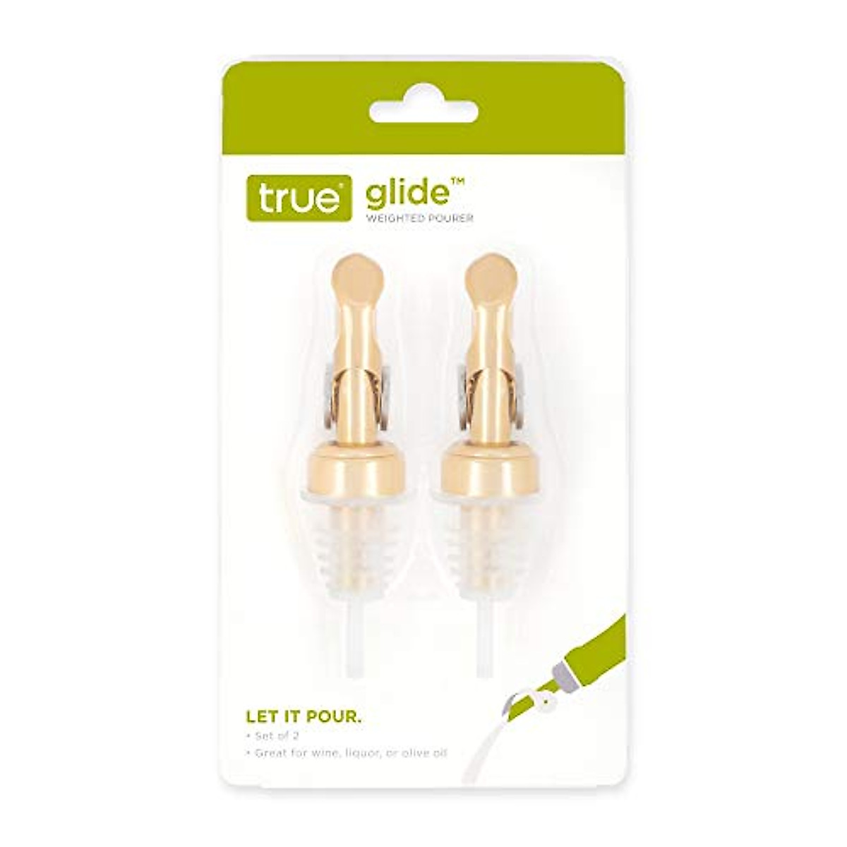 True Glide Weighted Pourers with Self Closing Feature for Liquor, Wine, Oils, or Vinegar, Stainless Steel, Set of 2, Gold
