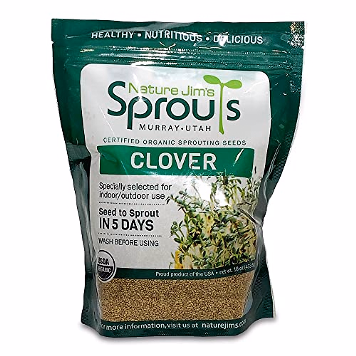 Nature Jims Clover Sprout Seeds – 16 oz Organic Sprouting Seeds – Non-GMO Premium Clover Seeds – Resealable Bag for Longer Freshness – Rich in Vitamins, Minerals, Fiber
