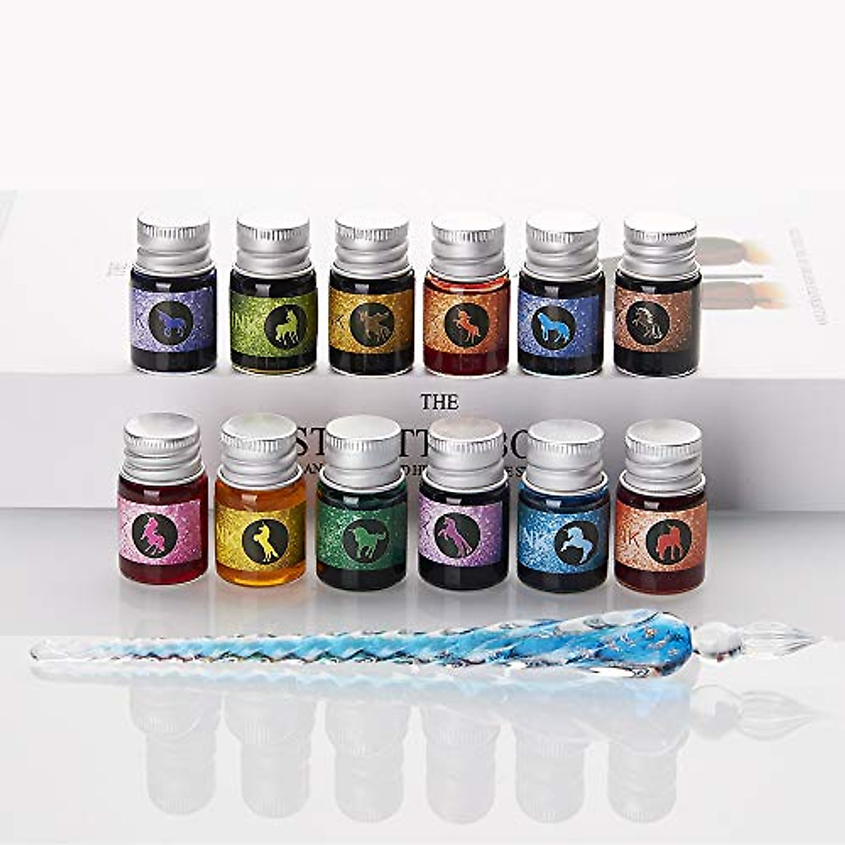mancola Glass Dipped Pen Ink Set Handmade Crystal Calligraphy Pen with 12 Colorful india ink for Art, Signatures, Drawing, Decoration, Calligraphy Kits for Beginners Ma-13