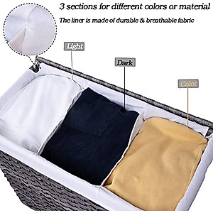 Crehomfy Laundry Hamper with Wheel and Removable Liner Bag, 130L Synthetic Rattan Wicker Handwoven Laundry Basket with Lid and Handle, 3 Section Divided Dirty Clothes Hamper for Laundry Bedroom Gray