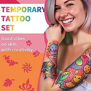 SUSIKEKI Temporary Tattoo Markers for Skin, 15 Colors Tattoo Pen + 50 Paint Stencils + 43 Tattoos Stickers, Glitter & Matte & Neon Glow Body Marker Set, Removable Fake Tattoos Kit for Teens and Adult