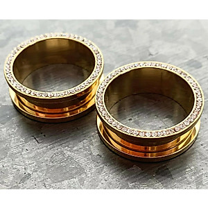 Lobal Domination PAIR of CZ Gem Rimmed Gold Ion Plated Tunnels Plugs Pierced Earlets Gauges (1" (25mm))