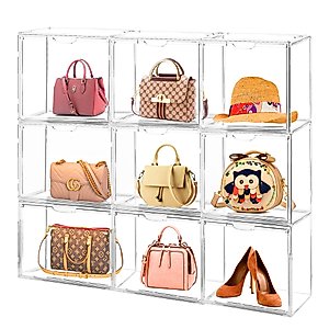 Cutora 6Pack Purse Organizer for Closet Clear Acrylic Display Case Handbag Storage Organizer Box with Magnetic Door Stackable Storage Bins with Dustproof Lid for Book Toys Shoes Cosmetic Collectibles