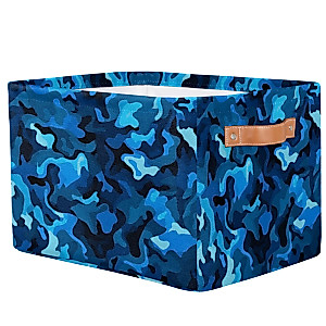 GzLeyigou Camo Texture Large Collapsible Storage Bins ,Blue Camouflage Decorative Canvas Fabric Storage Boxes Organizer with Handles,Rectangular Baskets Bin for Home Shelves Closet Nursery Gifts