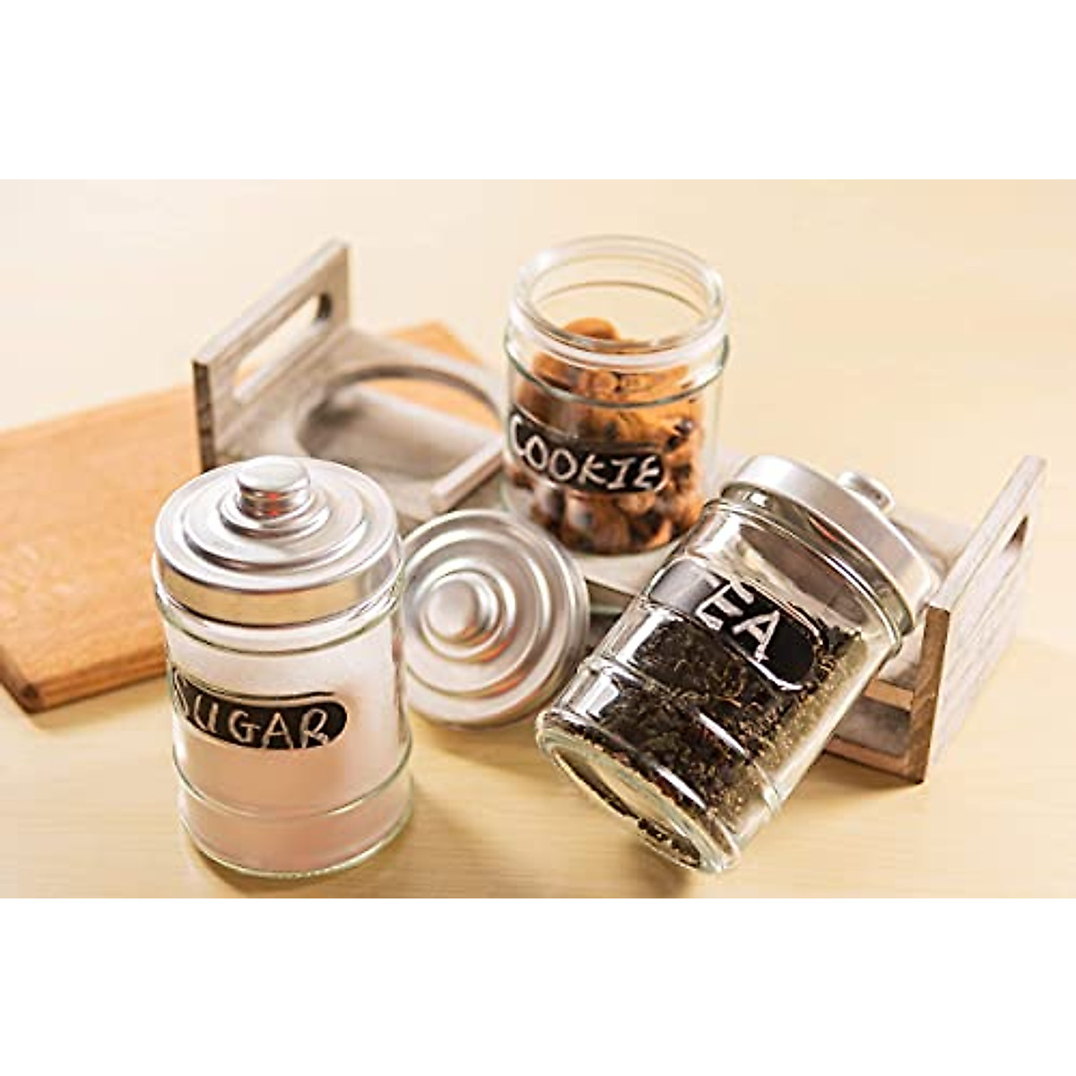 15.5 oz Set of 3 Condiment Pots Food/Seasoning/Spice Storage/Jar/Containers with Label and Aluminum Lid with Wooden Rack/Shelf/Tray/Holder for Kitchen or Coffee Bar, Suitable for Storing Salt, Sugar, Tea etc
