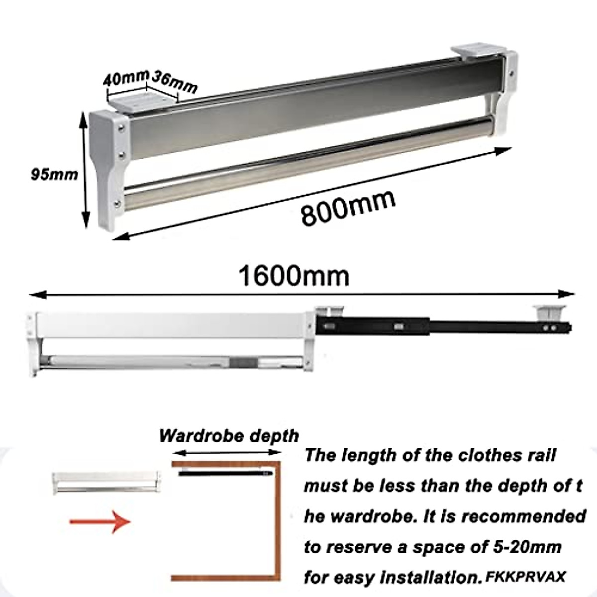 Extendable Clothes Rail With 2 Sliding Track,Pull Out Closet Rod Adjustable 30-80cm Wardrobe Rail Clothes Rack,Load-bearing 25kg ( Size : 800mm )