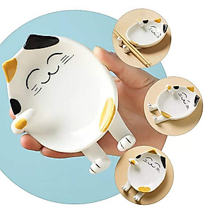 PROVIVID Ceramic Spoon Rest for Kitchen, Multifunctional Cute Cat Shape Cooking Utensil Holder Coffee Spoon Rest Pot Lid Rack Ladle Rest Spatula Utensil Rest for Kitchen Counter & Stove Top - Yellow