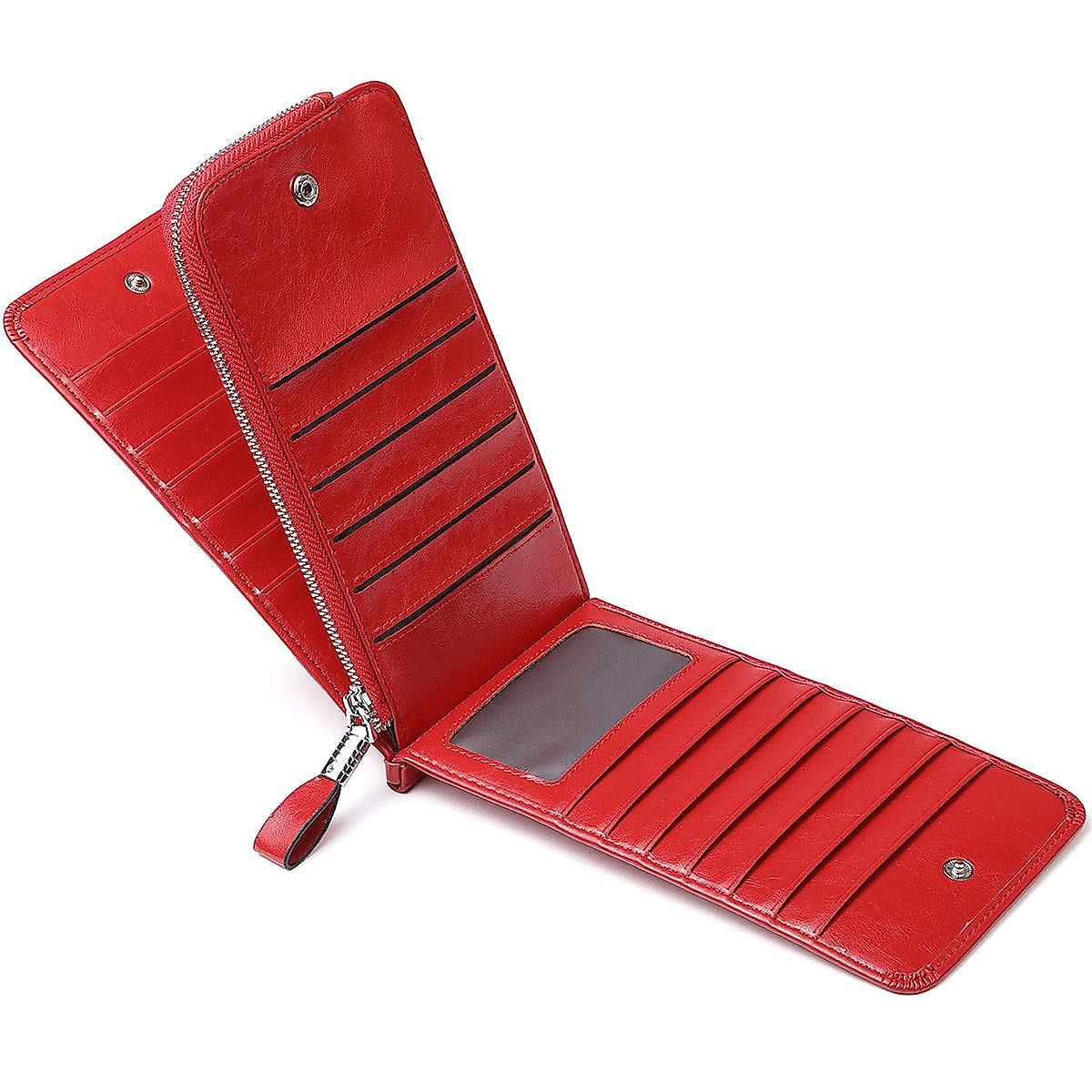 Huztencor Women's Credit Card Holder RFID Blocking Oil Wax Leather Multi Card Organizer Wallet Slim Long Zipper Bi-fold Business Card Case Clutch Wallet with ID Window Red (FBA)