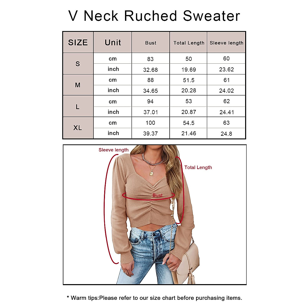 PRETTYGARDEN Fall Long Sleeve Cropped Sweaters for Women 2024 Off The Shoulder V Neck Ruched Ribbed Knit Going Out Tops (Dark Apricot, Medium)