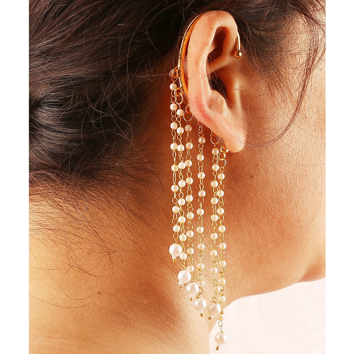 Touchstone Indian bollywood innovative ear shape lucrative look faux pearls hangings long bridal chandelier designer jewelry earrings for women in gold tone.