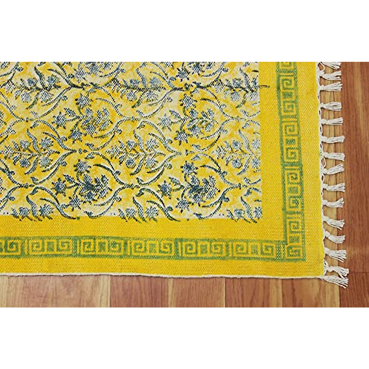 Casavani Indian Handmade Cotton Dhurrie Bordered Yellow & Green Area Rug Boho Kilim Flat Weave Rug Indoor Hall Room Decor Carpet Throw Rugs for Bedroom Living Room Bathroom Balcony 4x7 Feet