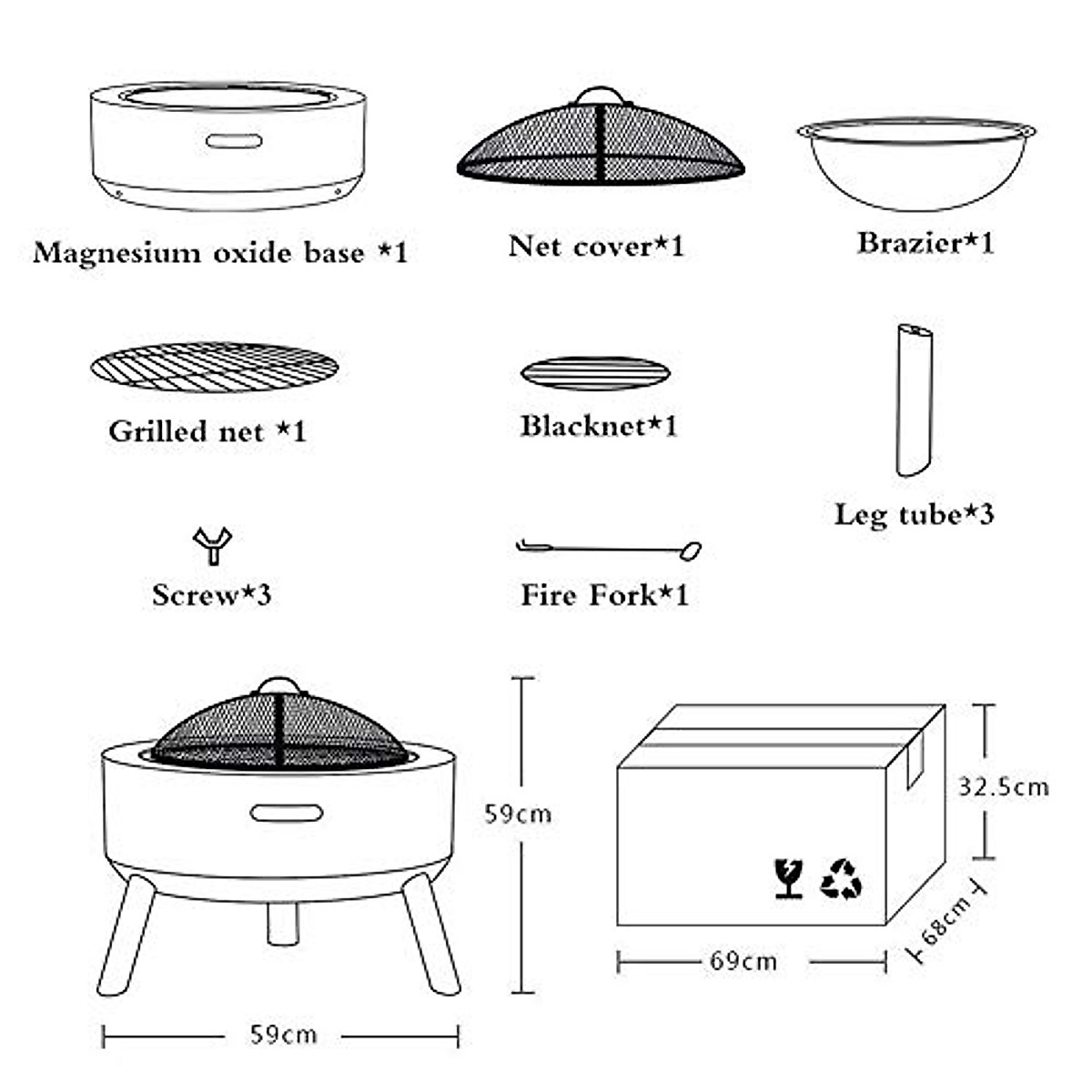 Fire Pit with Grill Shelf, Geo Fire Pit Bowl with Triangle Bracket Magnesium Oxide Material Outdoor Garden Fire Pit with Mesh Cover for Outdoor, Garden, Barbecue, Camping (Grey)