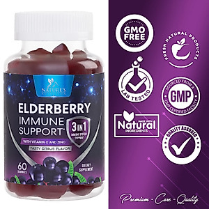 Sambucus Elderberry Immune Gummies, Daily Immune Support with Vitamin C, Vitamin D3, Zinc, Immune Support Gummy Vitamin Supplement, Black Elderberry for Adults, Kid, Gluten Free Non-GMO - 60 Gummies