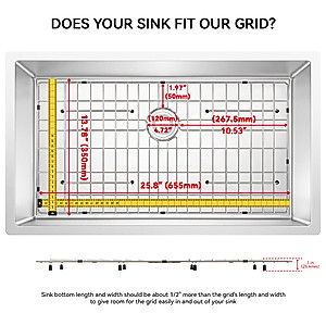 Stainless Steel Sink Grid and Protectors for Bottom of Kitchen Sink，26" x 14" Inches with Rear Drain