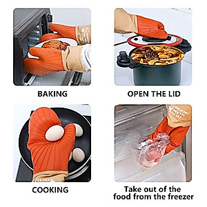 Silicone Oven Mitts with Quilted Liner and Non-Slip Grip, Extra Long Oven Mitts Heat Resistant, Kitchen Mitts Perfect for BBQ, Baking, Cooking and Grilling - 1 Pair 13.6 Inch Orange