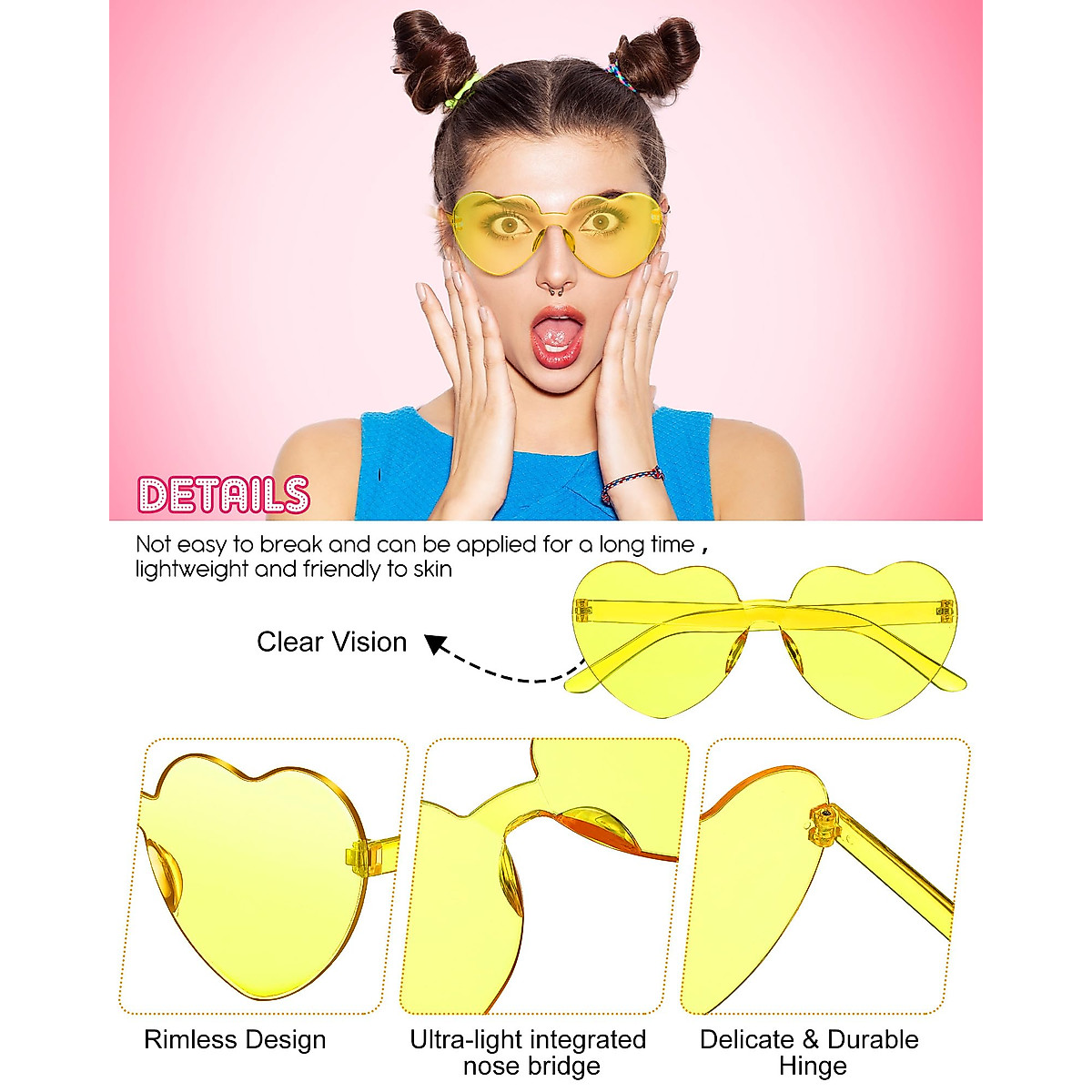 Sherr 48 Pairs Rimless Sunglasses Neon Party Supplies Glasses Plastic 80s Funky Sunglasses for Women Men (Neon Color,Heart Shape)