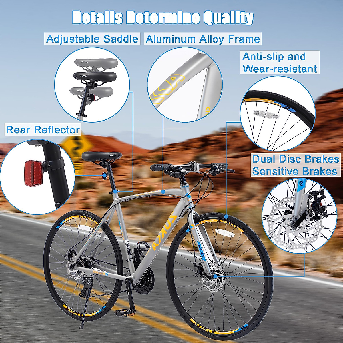 SUNDALY 700C Hybrid Road Bike 24 Speed, Double Disc Brakes, Aluminum Alloy Lightweight Frame, City Commuter Bike for Men/Women, Grey