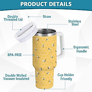 Slewiaeky Tumbler with Handle 40 oz Bees Honey Yellow Travel Mug with Lid and Straw Stainless Steel Vacuum Insulated Water Bottle Cup for Iced Tea Coffee Cold Beverages Cup Holder Friendly