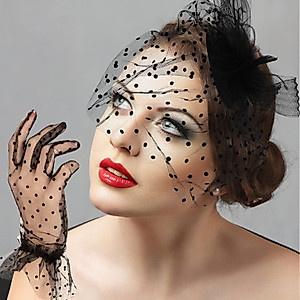 Yolev Fascinator Hat Faux Feather Mesh Veil Hat Short Lace Glove 50s Costume Accessories for Women Wedding (Spotted) Black