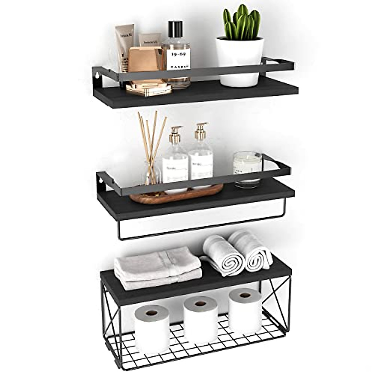 Hoiicco Floating Shelves with Wire Storage Basket, Rustic Bathroom Shelves Over Toilet with Protective Metal Guardrail, Wall Shelves for Bedroom, Living Room, Kitchen and Washroom Toilet Paper
