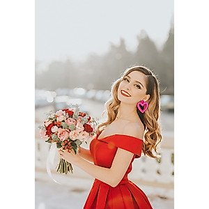 Valentines Heart Earrings Handmade Pearls Embellished Love Heart Beaded Earrings Fashion Trendy lightweight acrylic double heart Dangle Earrings for Women Valentine’s Dating Jewelry