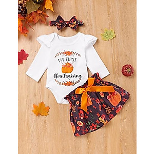 Hipealy My First Thanksgiving Baby Girl Outfits Newborn Pumpkin Long Sleeve Ruffle Romper Pumpkin Floral Skirt fot Infant Fall Outfits 0-18 Months