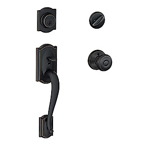 Schlage F60 V CAM 716 GEO Camelot Front Entry Handleset with Georgian Knob, Deadbolt Keyed 1 Side, Aged Bronze
