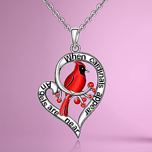 Cardinal Necklace Heart Red Bird Spiritual Memorial Engraved When Cardinal Appear Angels are Near Dainty Inspirational 925 Sterling Silver Animal Necklaces for Loss of Loved Heart