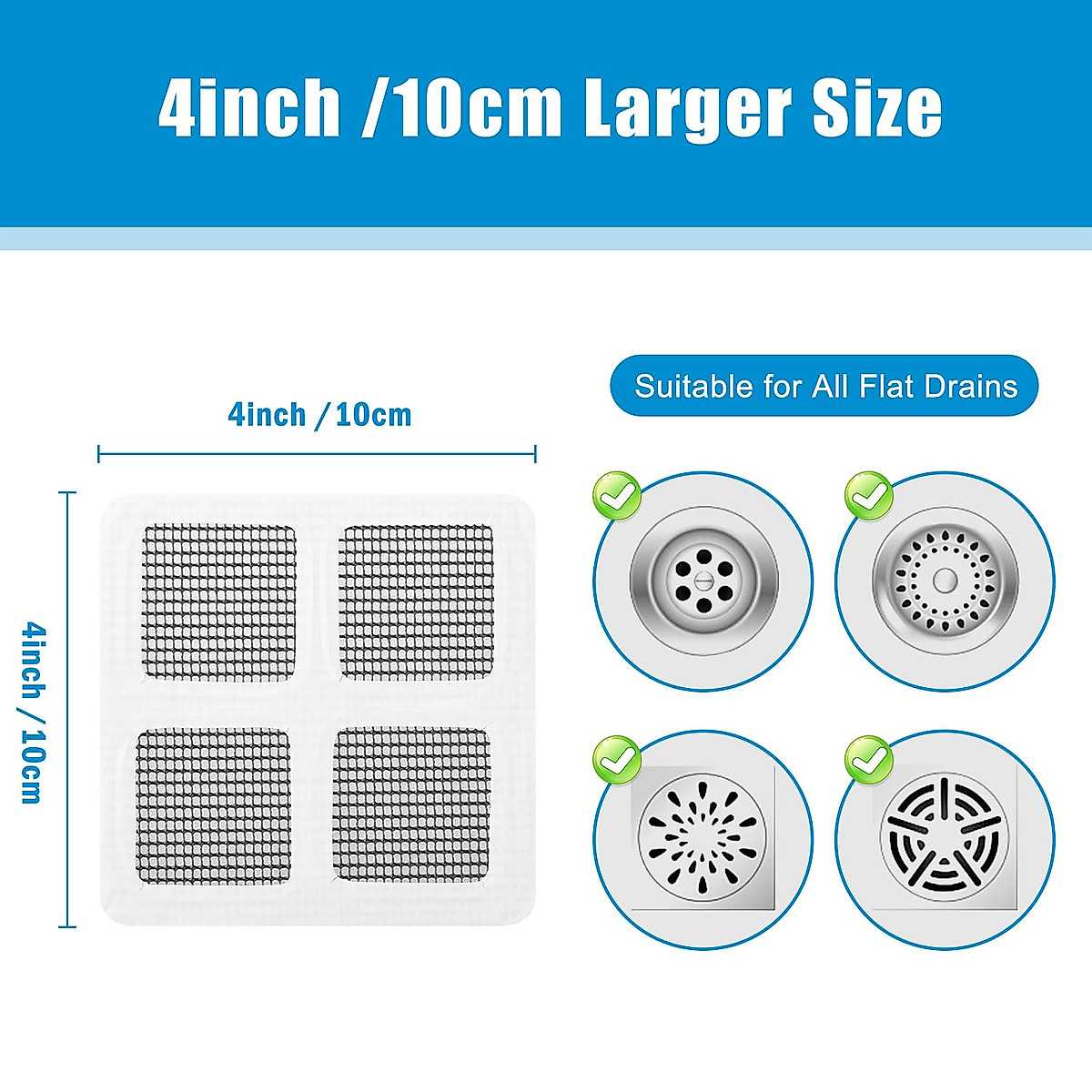 50PCS Pack,4"" X 4"" Disposable Shower Drain Cover Hair Catcher Shower Drain Mesh Stickers, Bathroom, Laundry, Bathtub, Kitchen, Sink, for Human and pet Hair, White