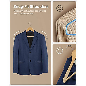 SONGMICS Velvet Wooden Hangers, Set of 20 Wooden Hangers with Velvet Surface, Non-Slip Coat Hangers with Shoulder Grooves, Pants Bar, 360° Swivel Hook, for Jackets Shirts, Natural UCRW012N02