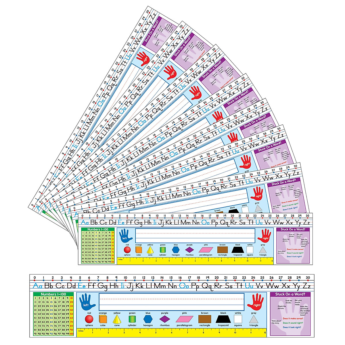 Carson Dellosa 30-Piece 17 1/2” x 4” Quick Stick Traditional Manuscript Name Tags for Classroom, Adhesive Name Plates for Student Desks, Classroom Name Tags With Ruler, Shapes, Numbers, and Alphabet