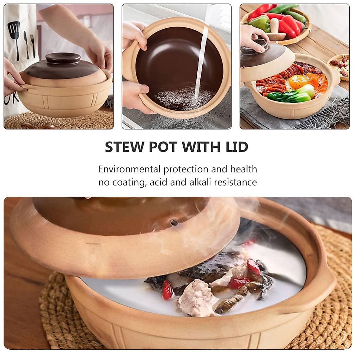 Ceramic Casserole Clay Earthenware Pot: Chinese Stew Pot Soup Pot Cooking Pot Stockpot with Lid Kitchen Cookware 1000ml