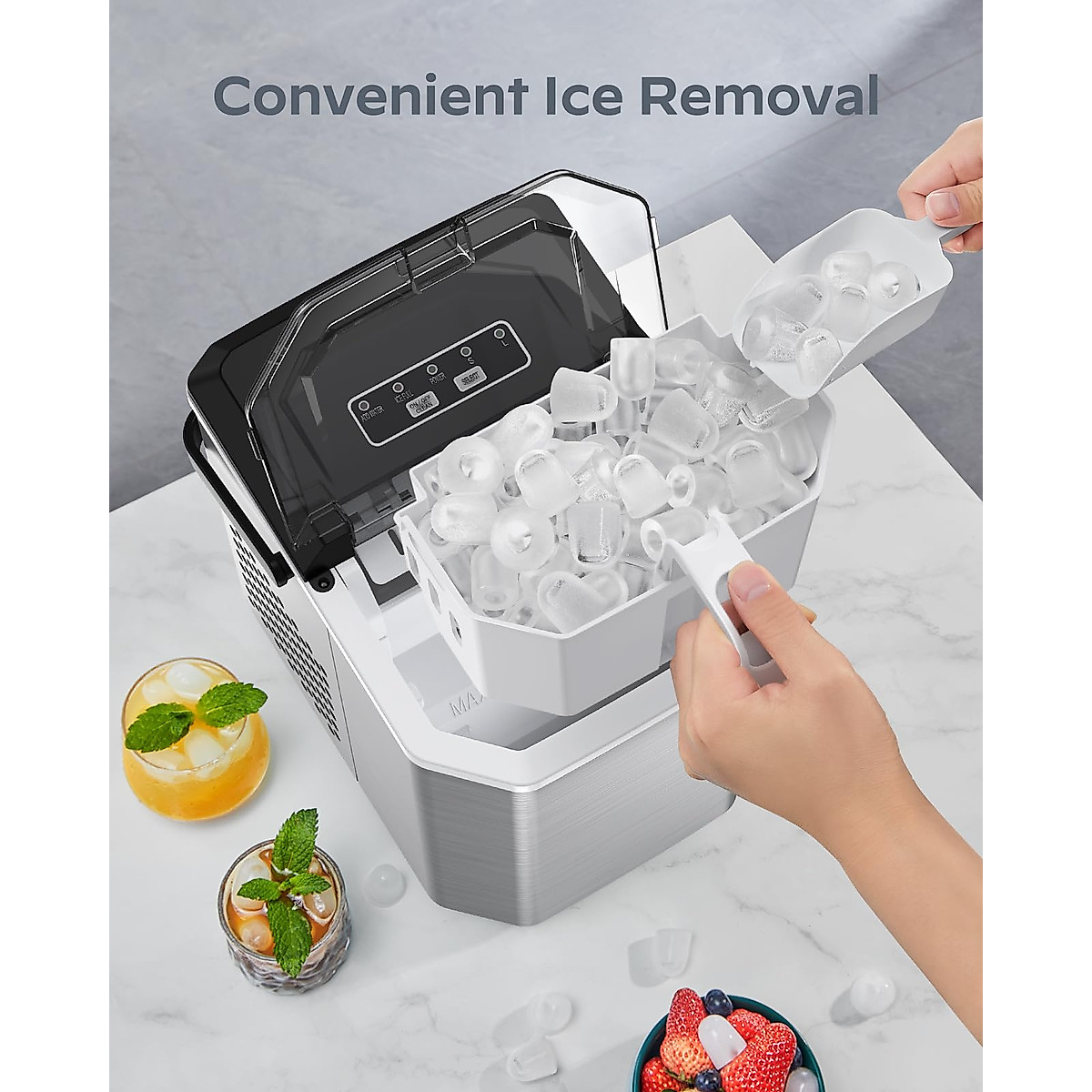 Silonn Stainless Steel Ice Maker Countertop, Stainless Steel Portable Ice Machine with Carry Handle, Self-Cleaning Ice Makers with Basket and Scoop, 9 Cubes in 6 Mins, 26 lbs per Day