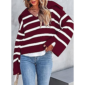 SHEWIN Womens Fashion Sexy V Neck Sweater Casual Bell Sleeve Cute Knit Tops Lapel Collar Winter Clothes for Women 2023 Biking Red Large