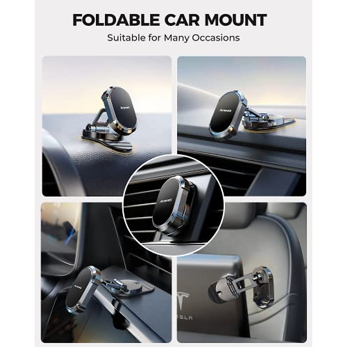 Anwas Magnetic Car Phone Holder Mount Alloy Folding Magnetic Car Phone Holder for Car Dashboard, 360° Adjustable Hands Free Car Phone Holder Mount Fit All iPhones, Samsung, etc