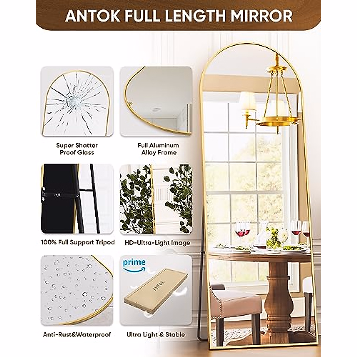 Antok Full Length Mirror, 65"x22" Floor Mirror Freestanding, Full Body Floor Standing Mirror with Stand for Bedroom, Hanging Mounted for Living Room Cloakroom, Gold