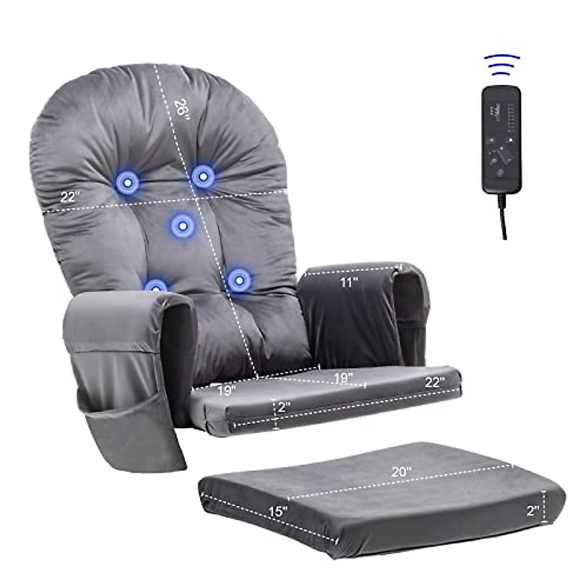 Paddie Dark Grey Massage Glider Rocker Replacement Cushions with Storage Velvet Washable Non Slip for Glider Rocking Chair, 5PCS