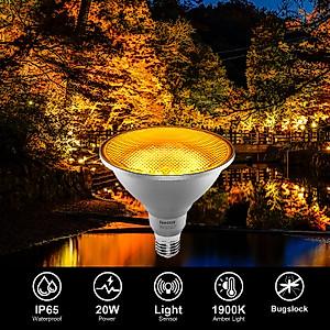 Familite LED Bug Light Bulbs, 1900K Yellow Outdoor PAR38 Flood Lights, Dusk to Dawn Auto On/Off Porch Lights, IP65 Waterproof, Replace up to 100W for Garage Hallway Yard Porch, 2 Pack