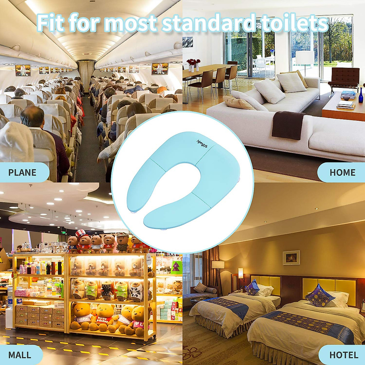 Portable Potty Seat for Toddler, Folding Travel Potty Seat Cover for Boys and Girls, Fits Round & Oval Toilets, with Non-Contact Opening Pry Bar, Aqua