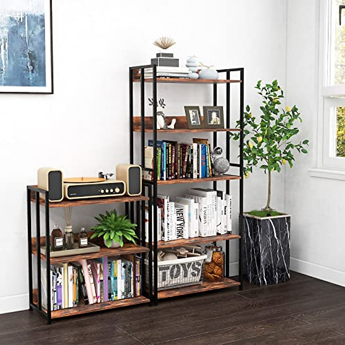 Tangkula Bookshelf, 3 Tier Industrial Book Shelf with Adjustable Shelves and Metal Frame, DIY 3 Shelf Bookcase and Bookshelves, Freestanding Storage Shelf for Living Room Home Office, Rustic Brown