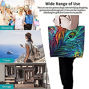 Qaxcdmky Peacock Feather Tote Bag Large Shoulder Bag Casual Reusable Handbag For Women Shopping Grocery Work