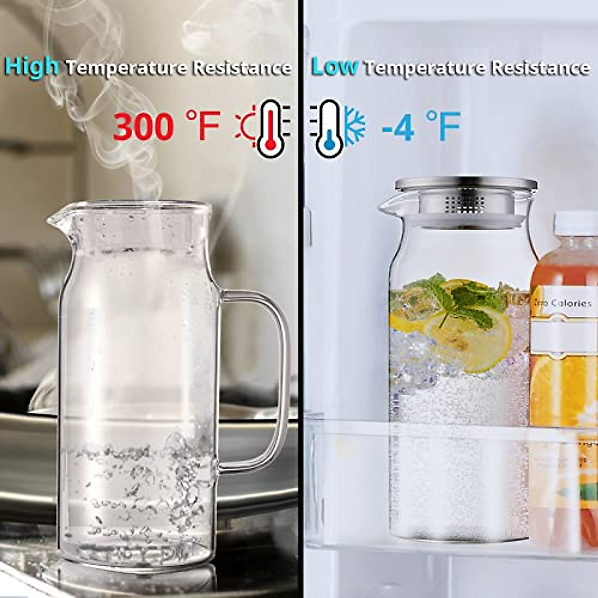 2 Liter 68 oz Glass Pitcher with Lid and Spout, Bivvclaz Glass Water Pitcher for Fridge, Glass Carafe for Hot/Cold Water, Iced Tea Pitcher, Large Pitcher for Coffee, Juice and Homemade Beverage