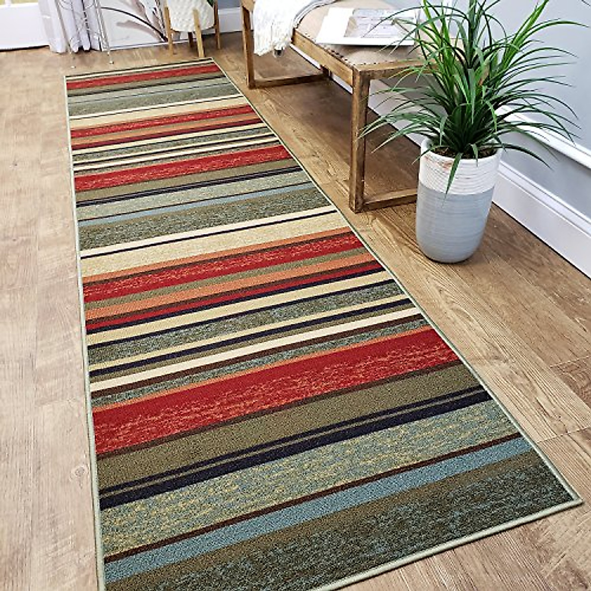 Rubber Backed Runner Rug, Runner 84 inch x 22 in (7 ft Runner), Multicolor Striped, Non Slip, Kitchen Rugs and Mats