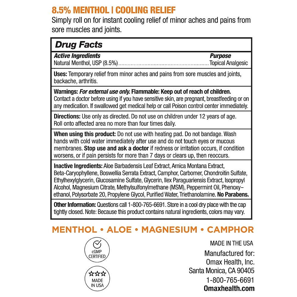 OMAX CryoFreeze Pain Relief Menthol Roll On, Arthritis Pain Relief, Back Pain Relief, Muscle & Joint Pain Relief, Arnica, Made in USA (3 fl oz)