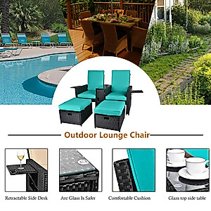 VUYUYU 5PCS Outdoor Wicker Chaise Lounge Chair - Rattan Adjustable Reclining Patio Lounge Chair with Ottoman and Coffee Table, for Patio Beach Pool Backyard (Black Wicker Turquoise Cushion)
