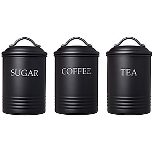 Steelware Central Kitchen Canister Set of 3 Sugar Coffee Tea with lids Food Storage, Black