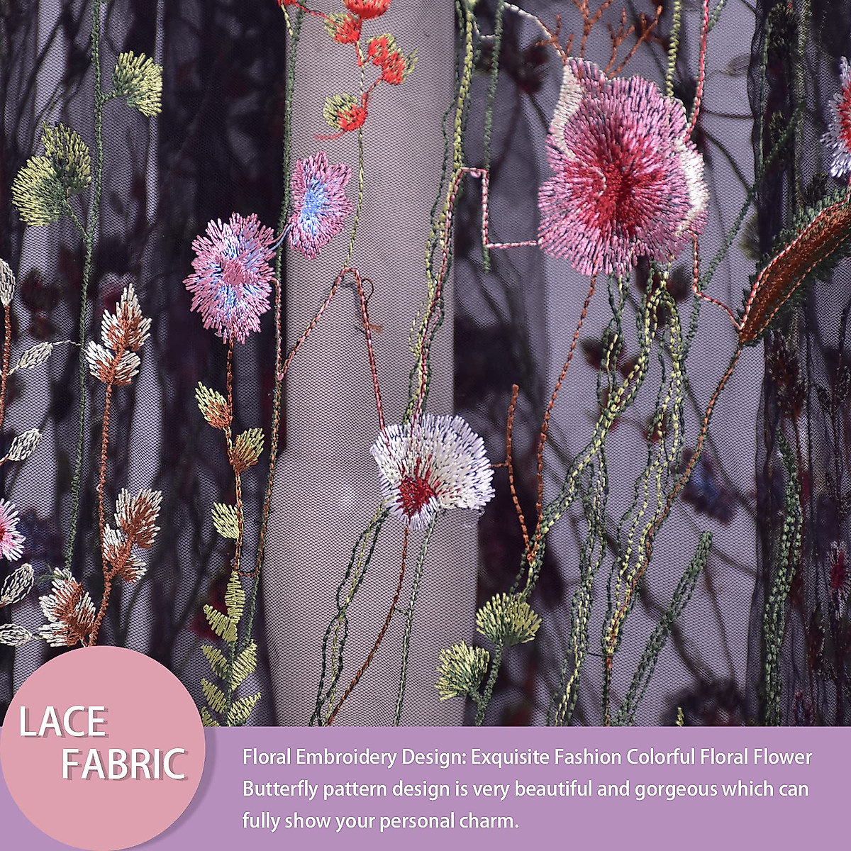 Black Lace Fabric, Exquisite Colorful Floral Flower Embroidered Sewing Lace Fabric, Length 71" Width 59" Elegant Soft Tulle Dress Fabric for DIY Clothing Dresses Wedding (2 Yard)