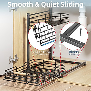 Delamu Under Sink Organizers and Storage, 2 Pack Under Kitchen Sink Organizer, Height Adjustable Bathroom Cabinet Organizer, Pull out Under Cabinet Organizer and Storage, Black