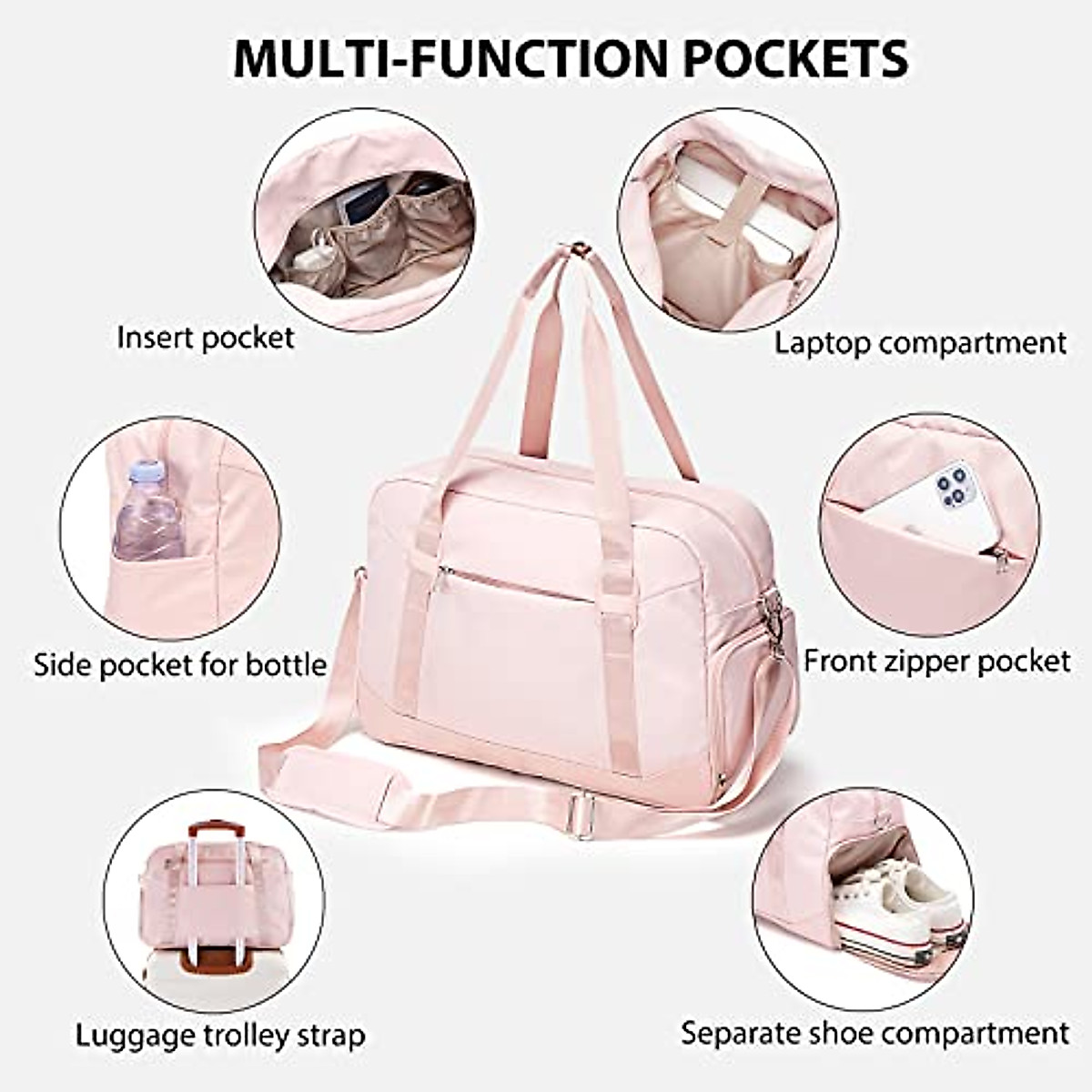 LONG VACATION Women's Travel Duffel Bag with Toiletry Bag, Sports Gym Bag Weekendeer Carry-on Tote with Shoe Compartment and Wet Pocket, School Yoga Bag Fit 15.6inch Laptop (PINK, 18-inch)