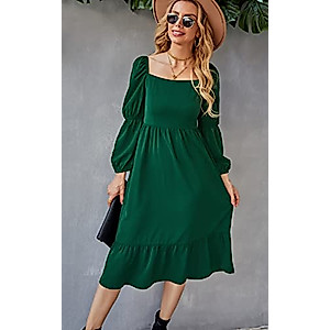 AOVDE Women's Square Neck 3/4 Sleeve Dress Solid Color High Waist Fall Dress Casual Party Flowy Midi Dress Green Small